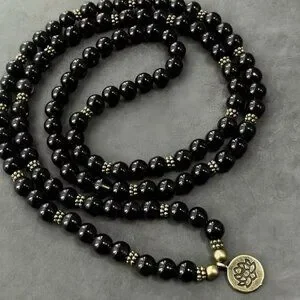 Jewelry | Natural Obsidian Stretch Mala Necklacebracelet W Brass Beads ...